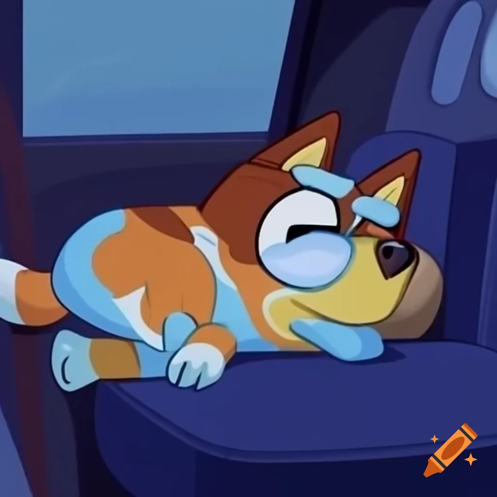 Bluey character peacefully sleeping in a car on Craiyon