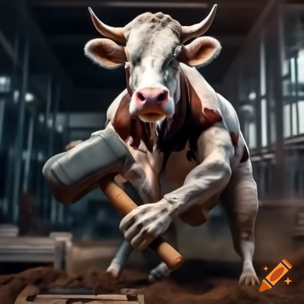 Humanoid cow using hammer at construction site on Craiyon