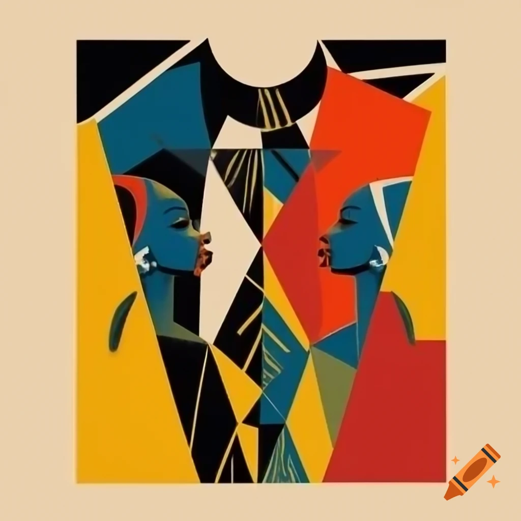 Abstract two-color linocut featuring geometric African figure with ...