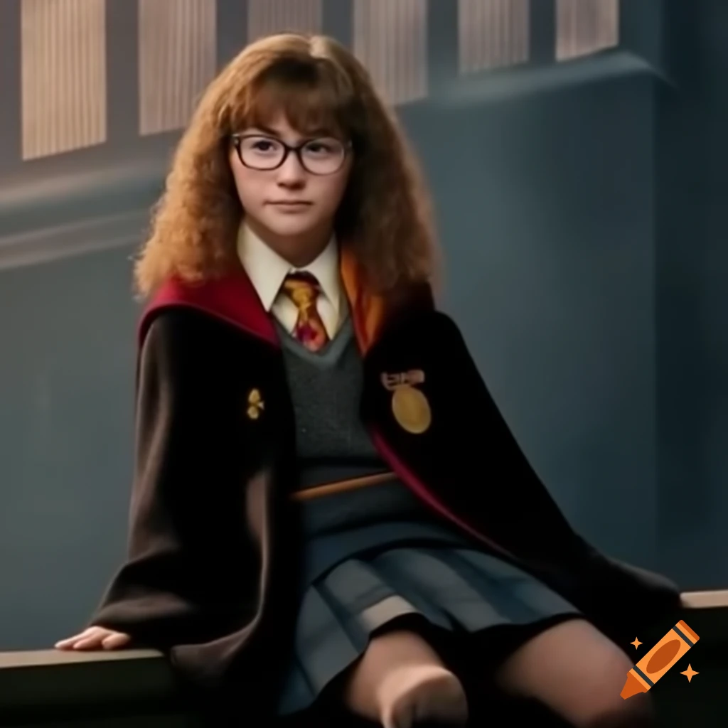 Girl in Hogwarts uniform sitting on a wall on Craiyon