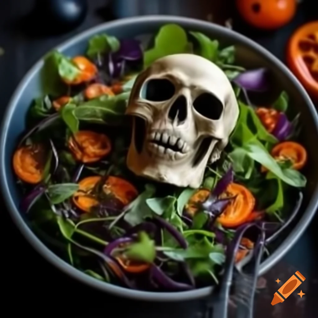 Creative Spooky Salad Featuring A Skull Design On Craiyon