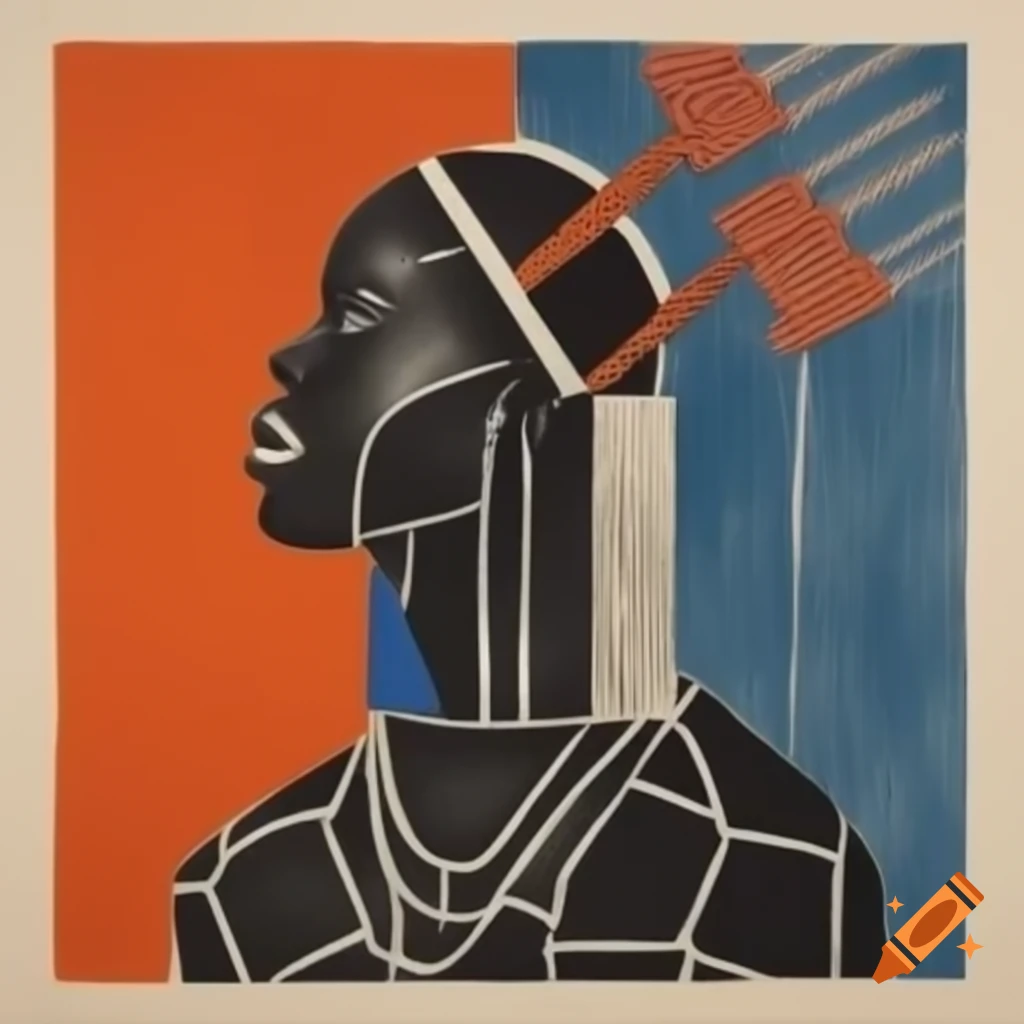 Abstract two-color linocut featuring geometric forms and African figure ...