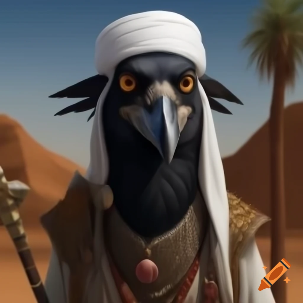 Realistic portrait of humanoid raven sorcerer in desert oasis with palm ...