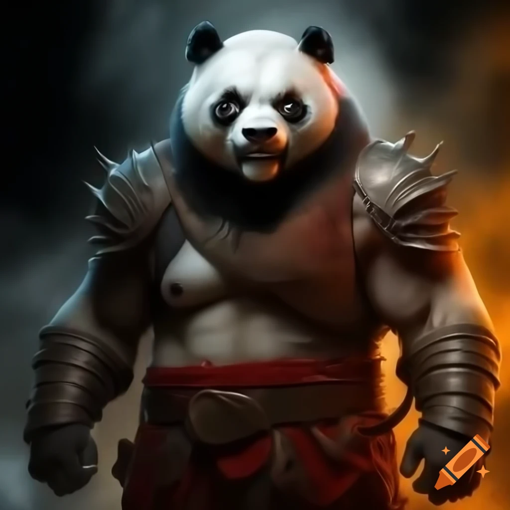 Muscular anthropomorphic panda warrior with lion companion in tattered ...