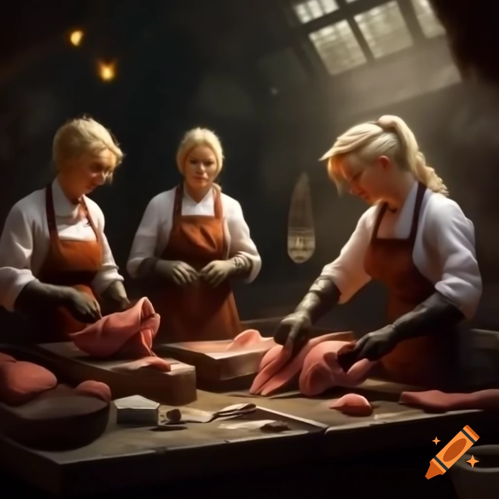 Three female butchers in post-apocalyptic slaughterhouse on Craiyon