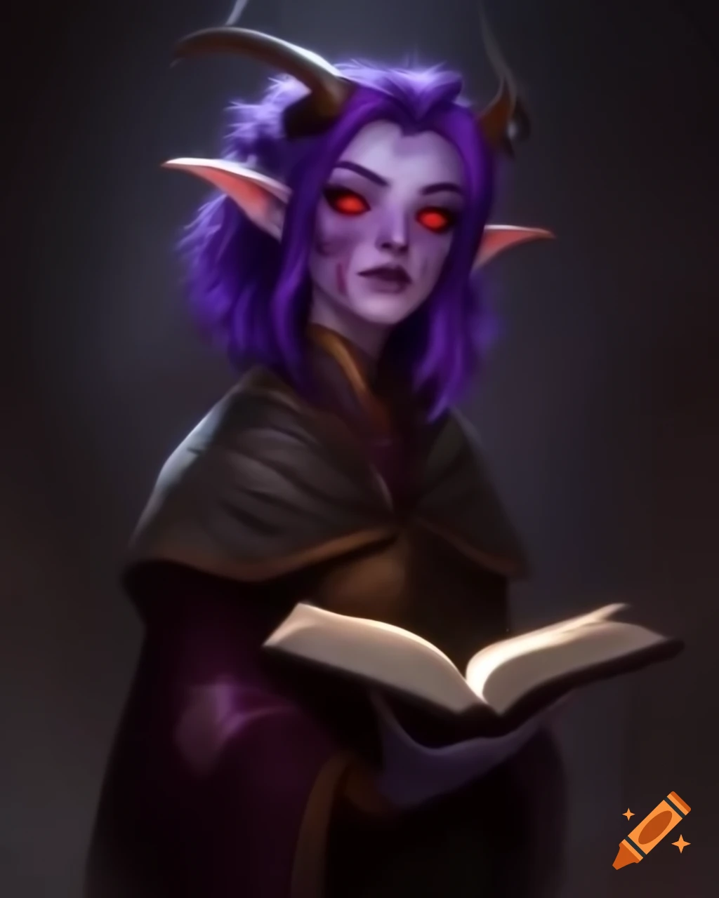 Female tiefling with purple hair in necromancer's robe, featuring scars ...