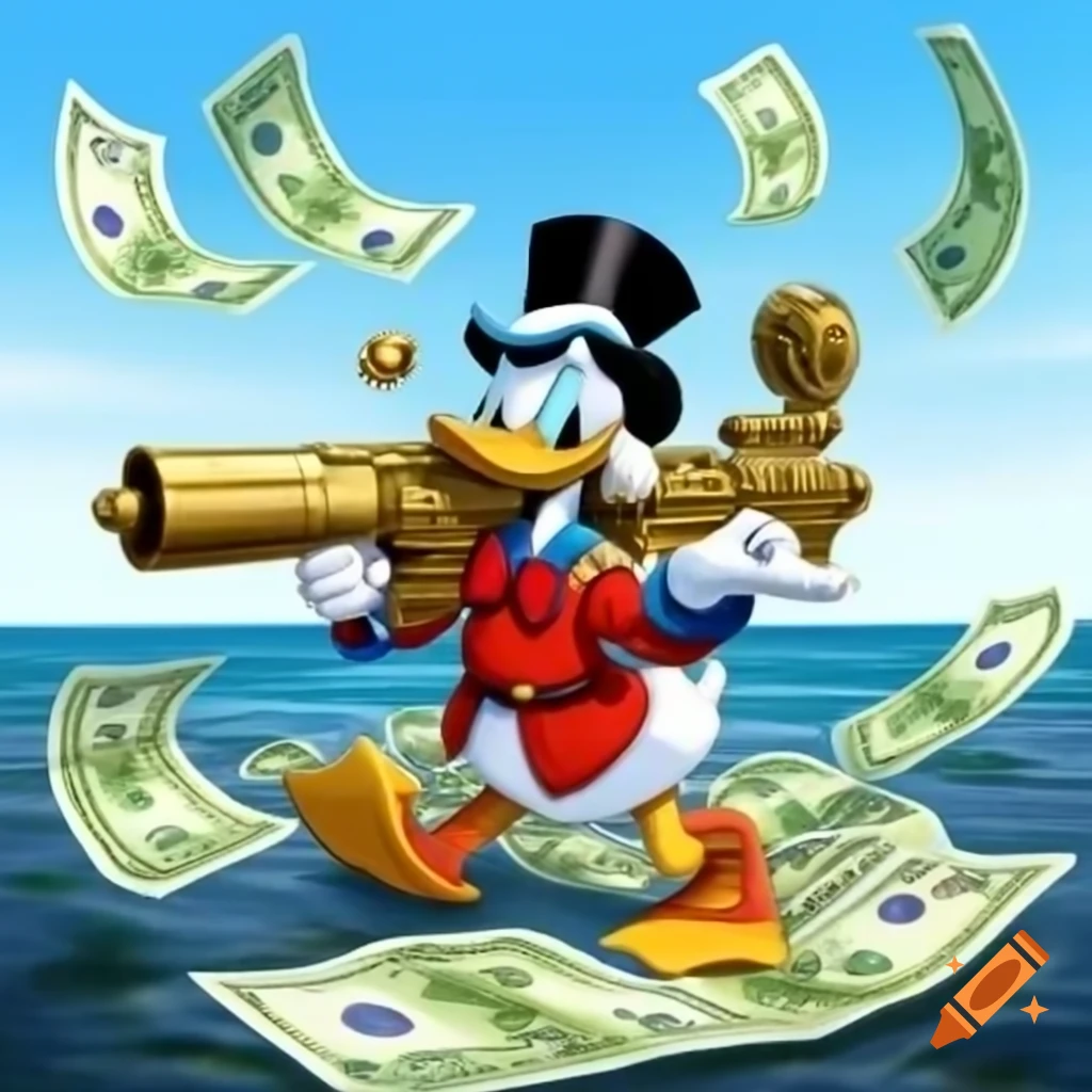 Scrooge mcduck with golden machine gun surrounded by euros in a wealth ...