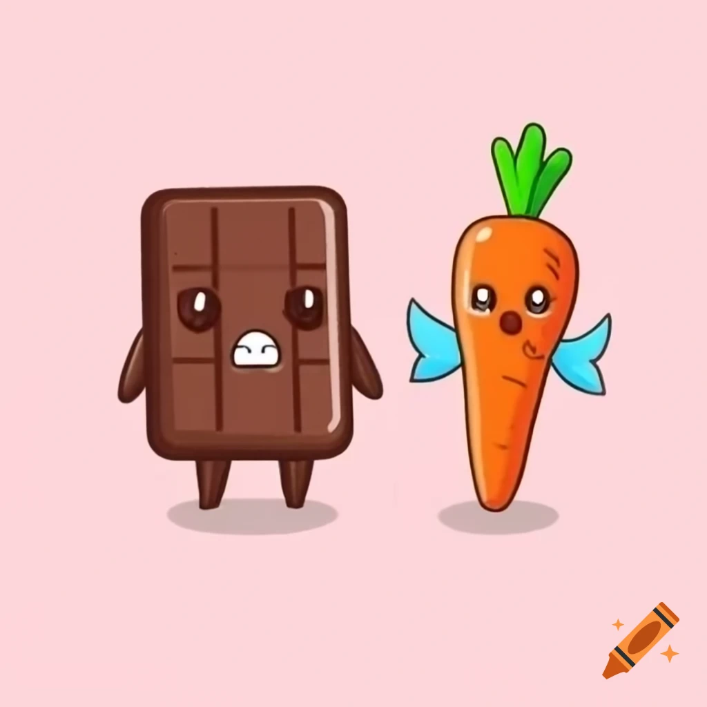 Evil chocolate bar beside angelic carrot in whimsical scene on Craiyon