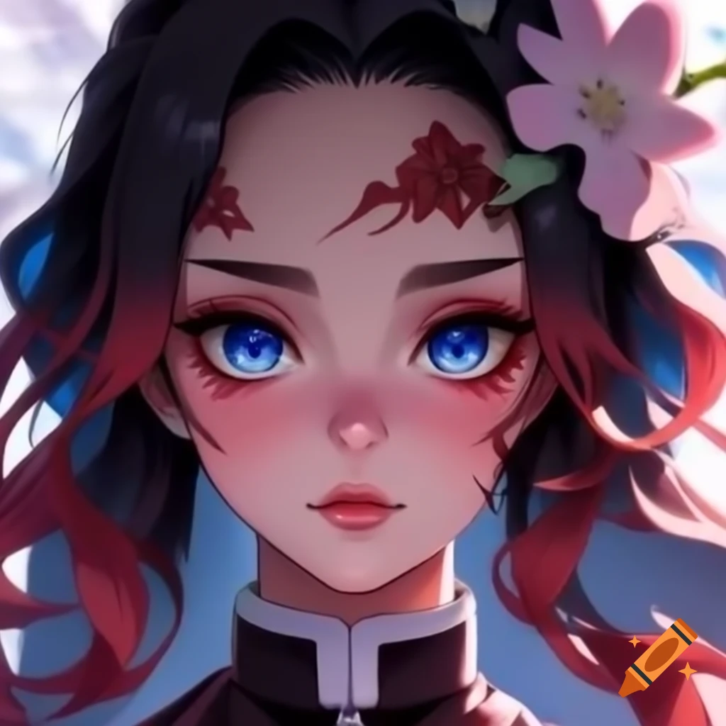 Youthful demon slayer with auburn braid and blue eyes, adorned with ...