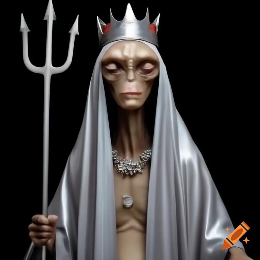 Tall grey alien in silver robe and crown with diamond necklace on Craiyon