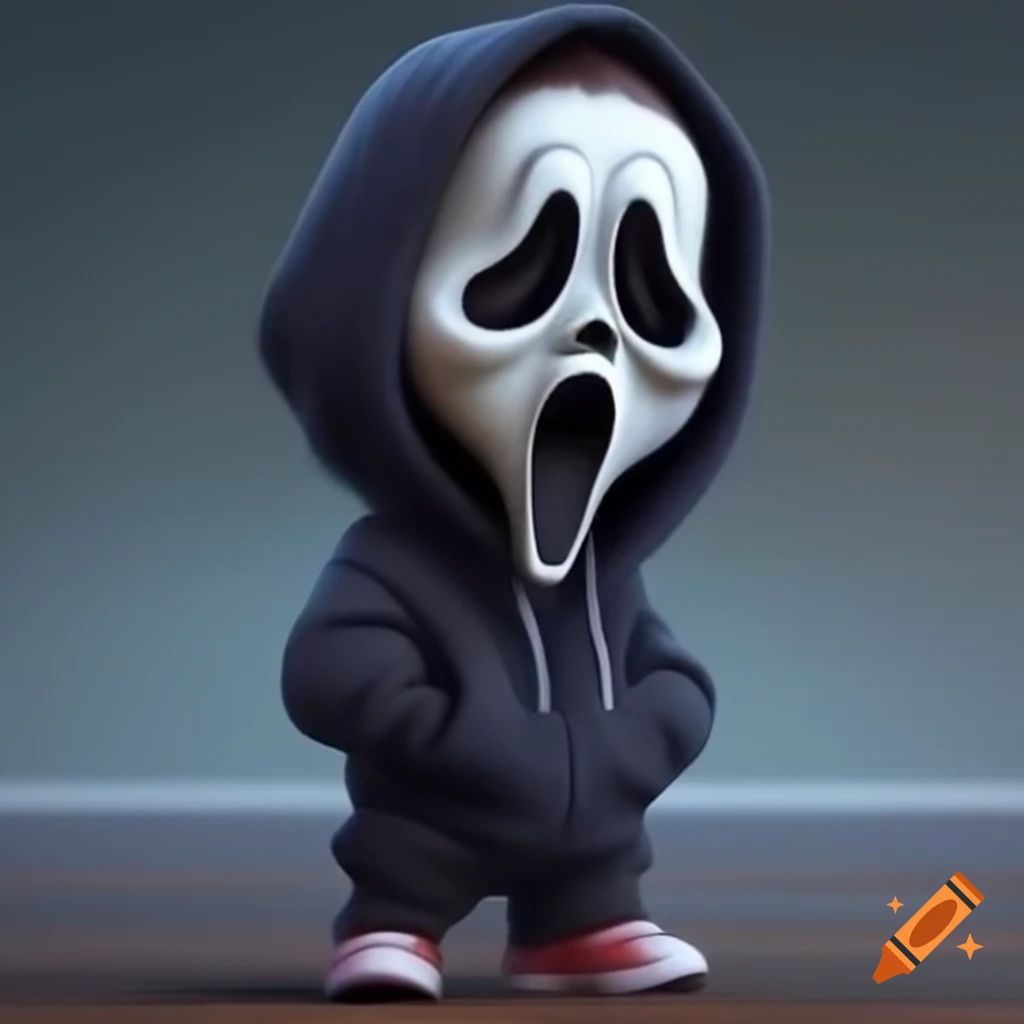 Animated baby boy in scream mask, gray hoodie, and track pants on Craiyon