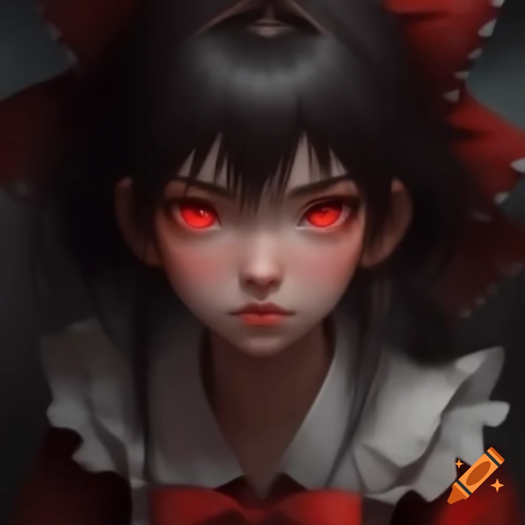 Realistic depiction of woman with red eyes resembling Reimu Hakurei on ...
