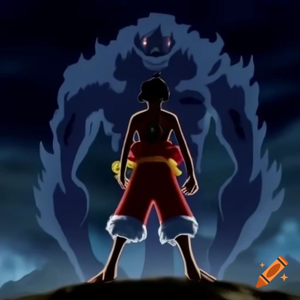 Angry character luffy standing against a dark stormy backdrop on Craiyon