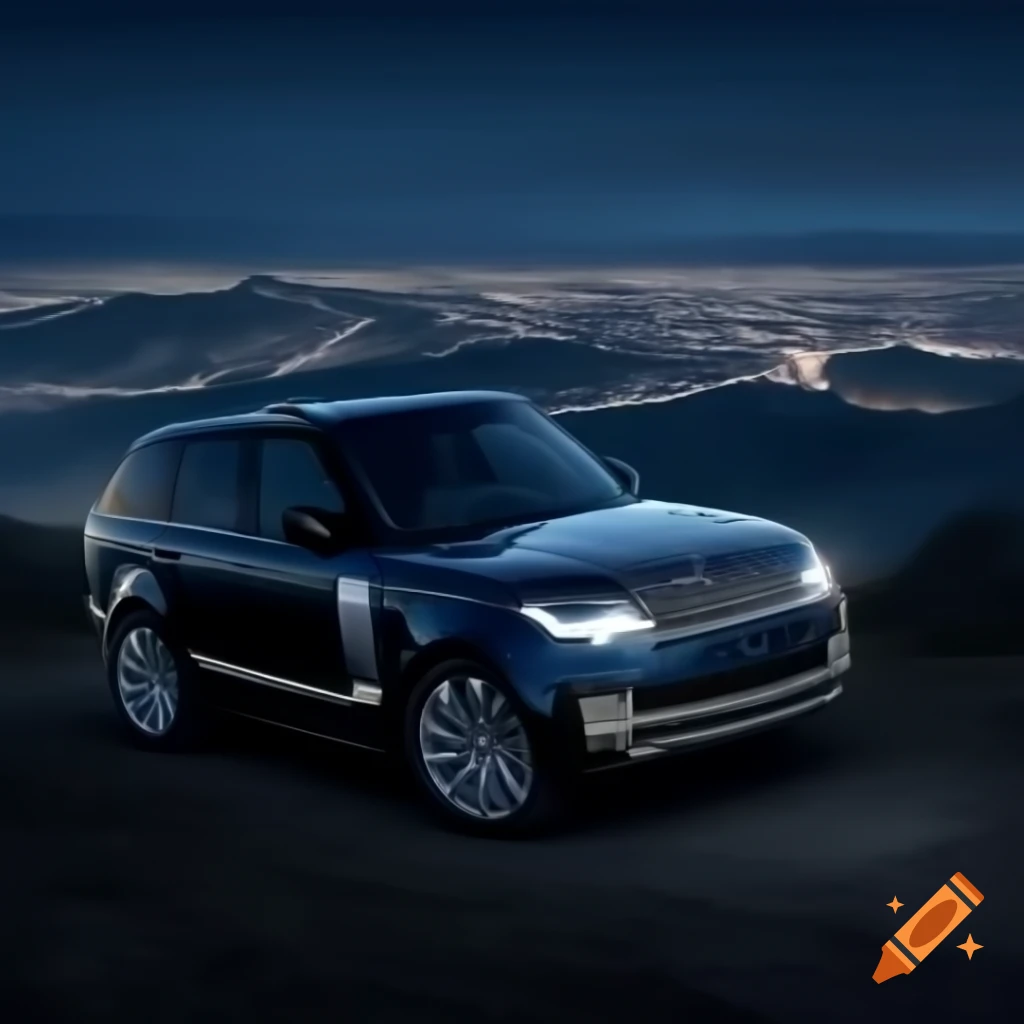 Range Rover on hill overlooking dark city at night on Craiyon