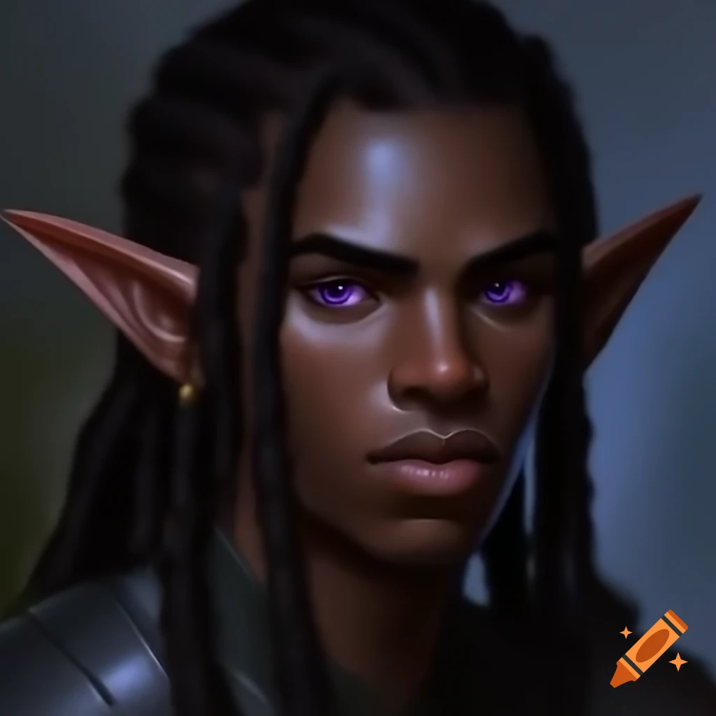 Portrait of a male dark elf with black dreadlocks and violet eyes on ...