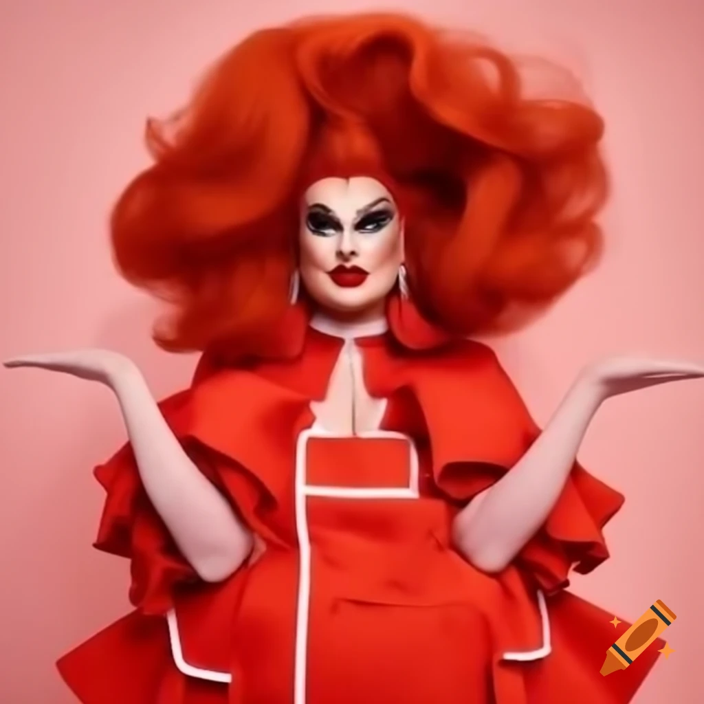 Red apron-inspired dress worn by a rupauls drag race queen, featuring ...