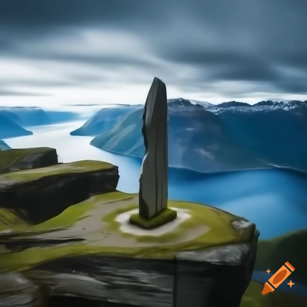 Bas relief of viking on wooden support at fjord's edge on Craiyon