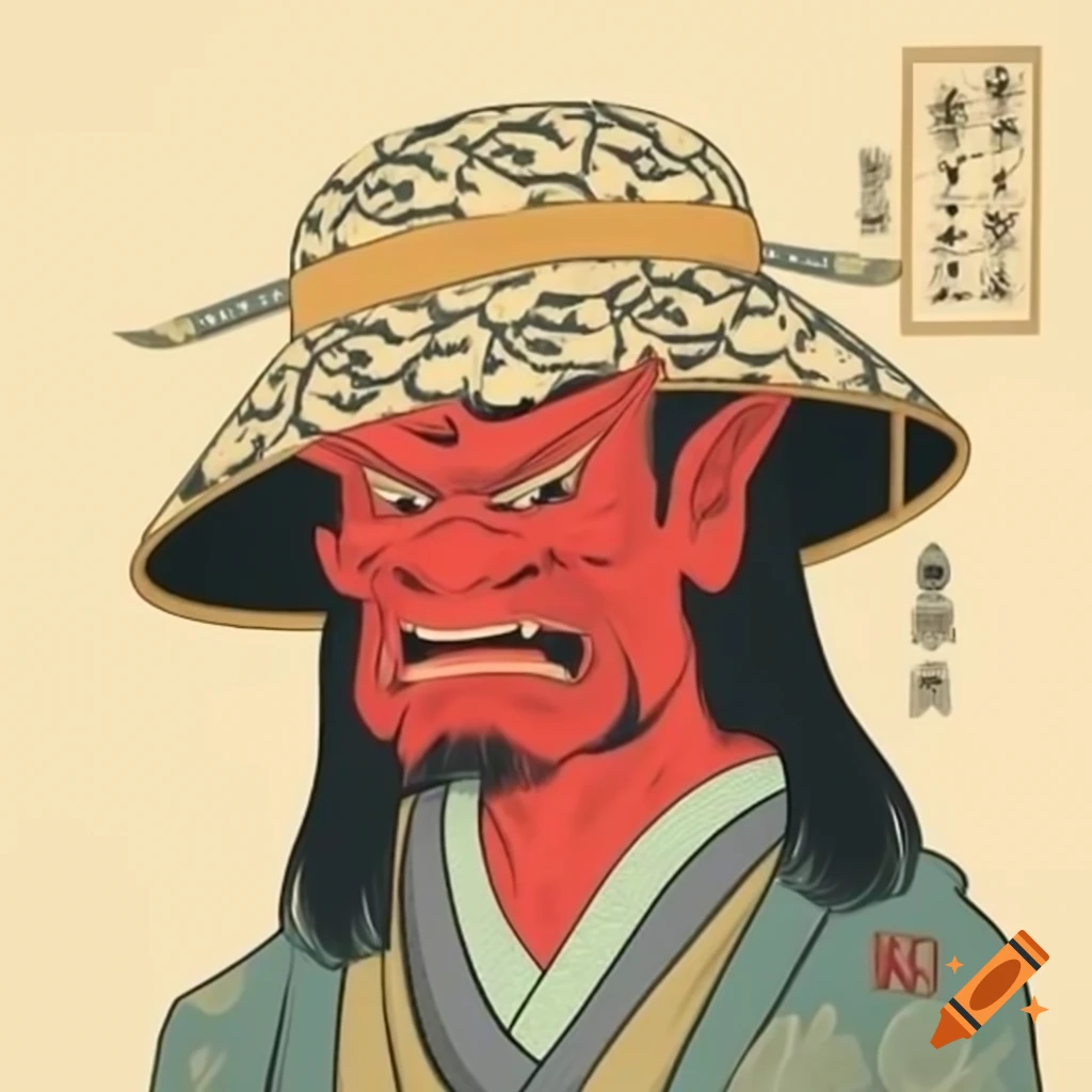 Oni demon in modern bucket hat illustrated in hokusai style on Craiyon