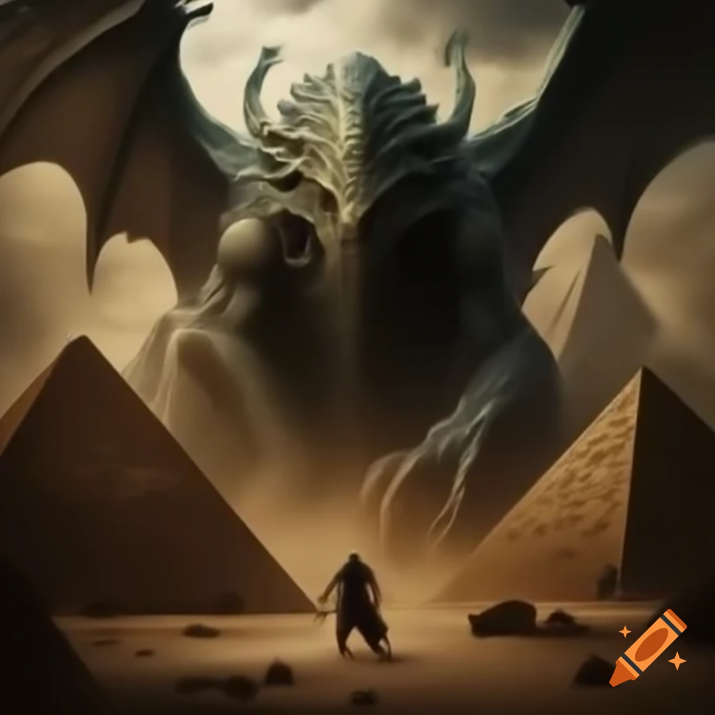 Batman vs Cthulhu over Pyramids of Giza in 1980s movie poster style on ...