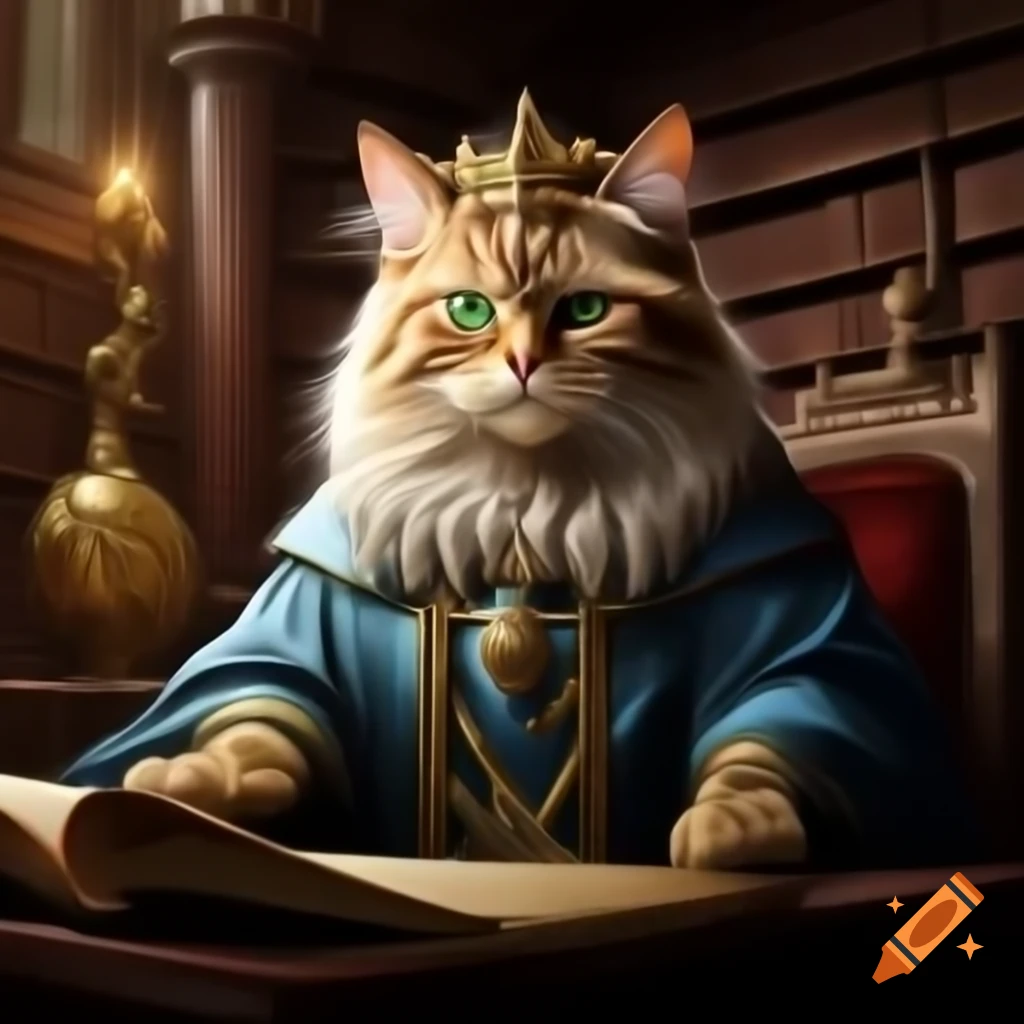 Wise cat ruler Erikus of Tenebris with regal demeanor and silver fur on ...