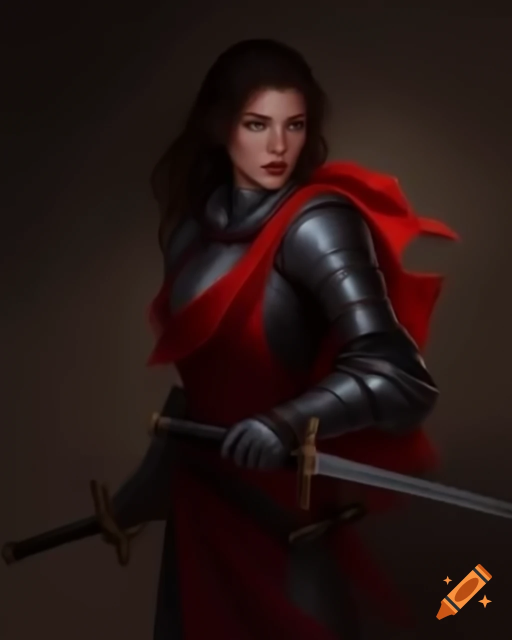 Fierce female knight in red armor holding a black sword on Craiyon