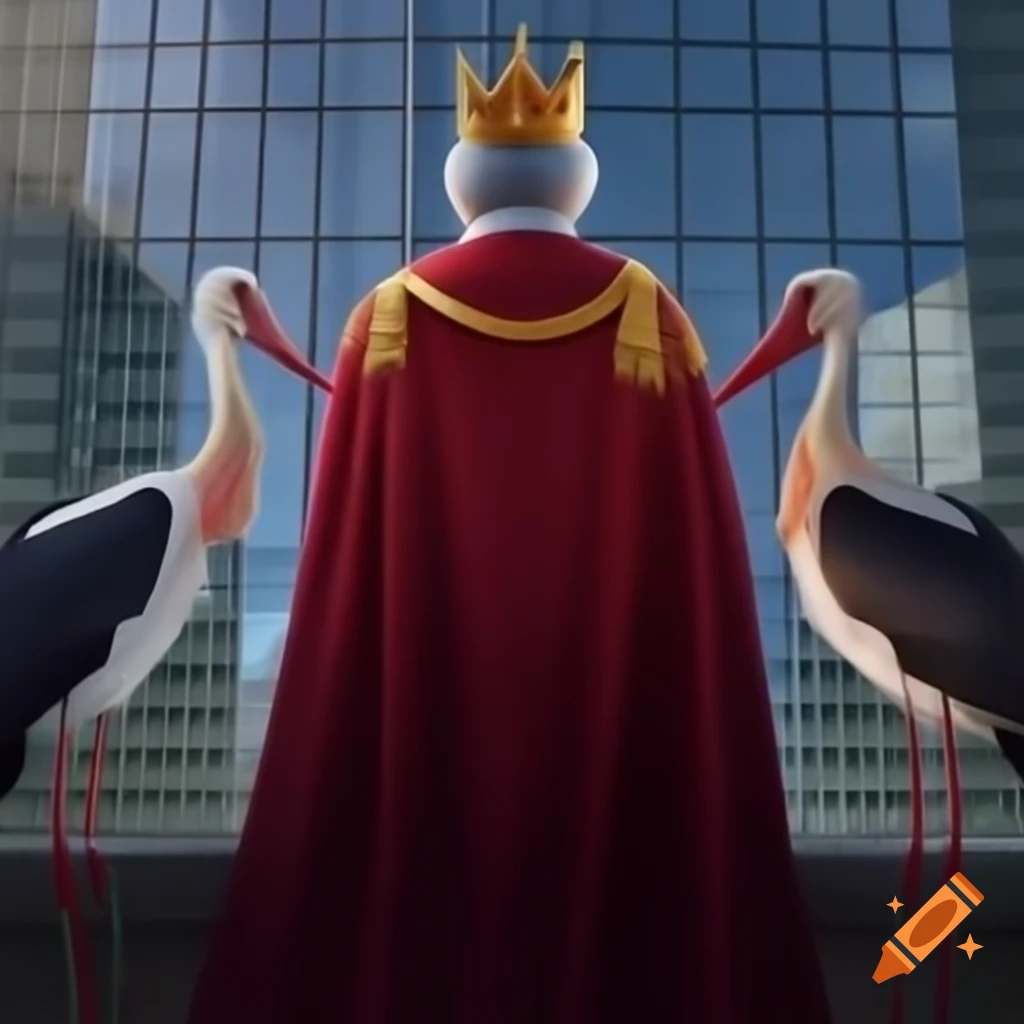 King in red cape and crown with stork observing office building on Craiyon
