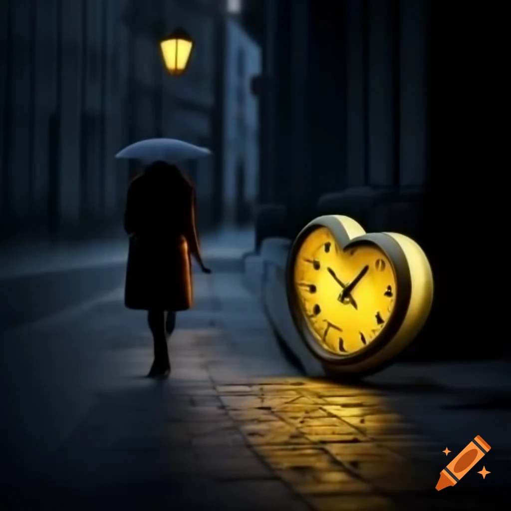 Golden heart-shaped clock walking alone on dark street on Craiyon