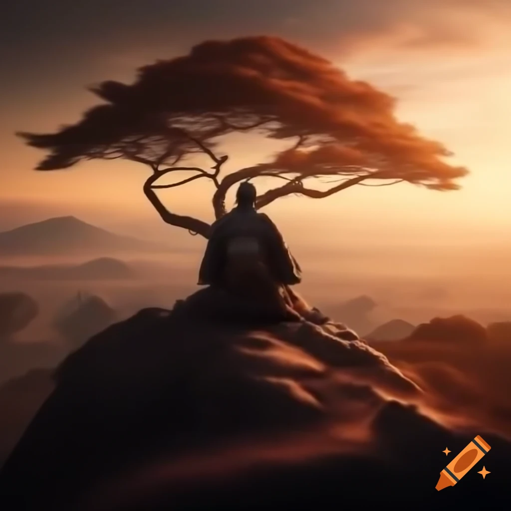 Lone samurai on mountain peak at sunset with expansive sky on Craiyon