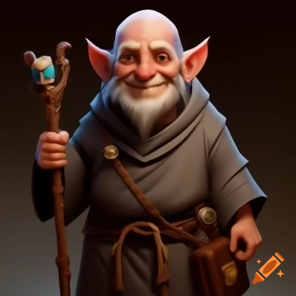 Cartoon DnD stout halfling monk with grey robes and staff on Craiyon