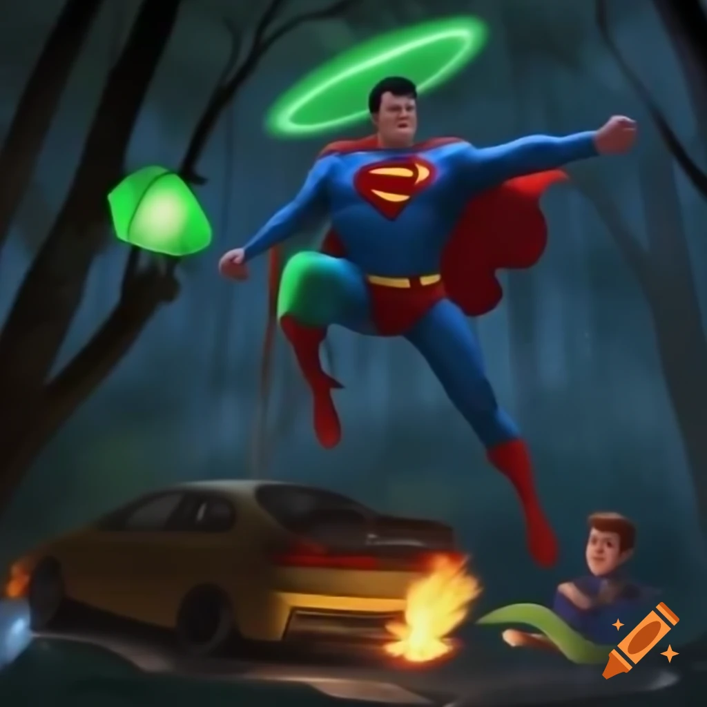 Superman and Green Lantern jumping in forest with Spider-Man, dog ...