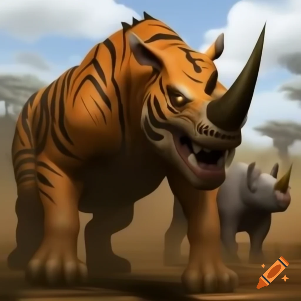Hybrid creature with tiger front and robust rhinoceros body on Craiyon