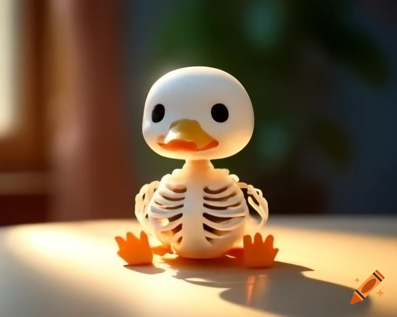Kawaii duck skeleton made of plasticine on a table with soft lighting ...