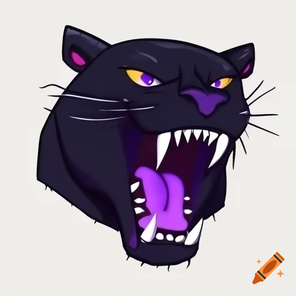 Cartoon depiction of a ferocious black panther with purple accents and white background on Craiyon