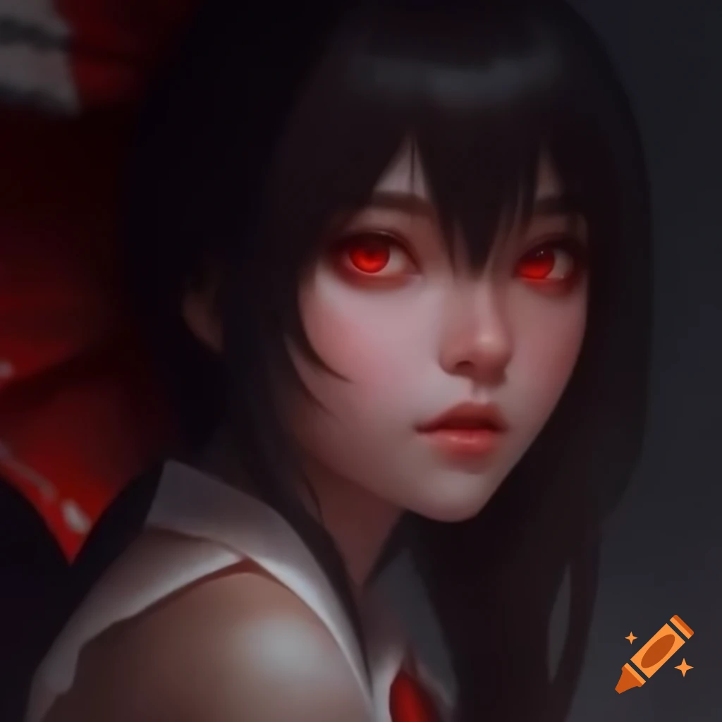 Realistic portrayal of a woman with red eyes resembling Reimu Hakurei ...