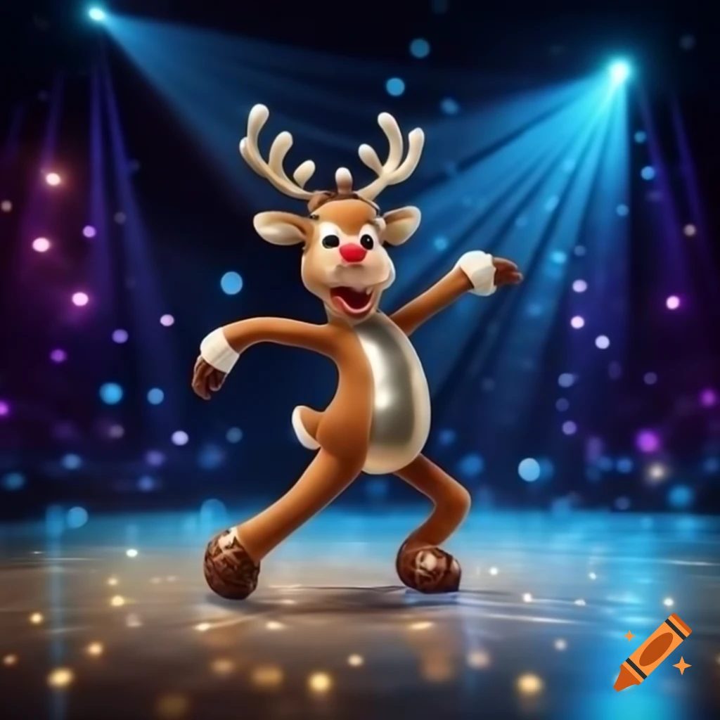 Rudolph dancing on dancefloor with flashing disco lights for Christmas ...