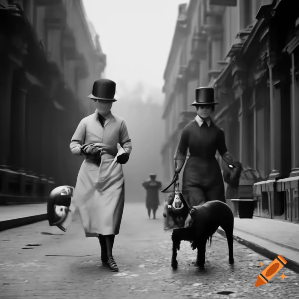 Two women in coveralls chasing rats on victorian era cobbled street ...