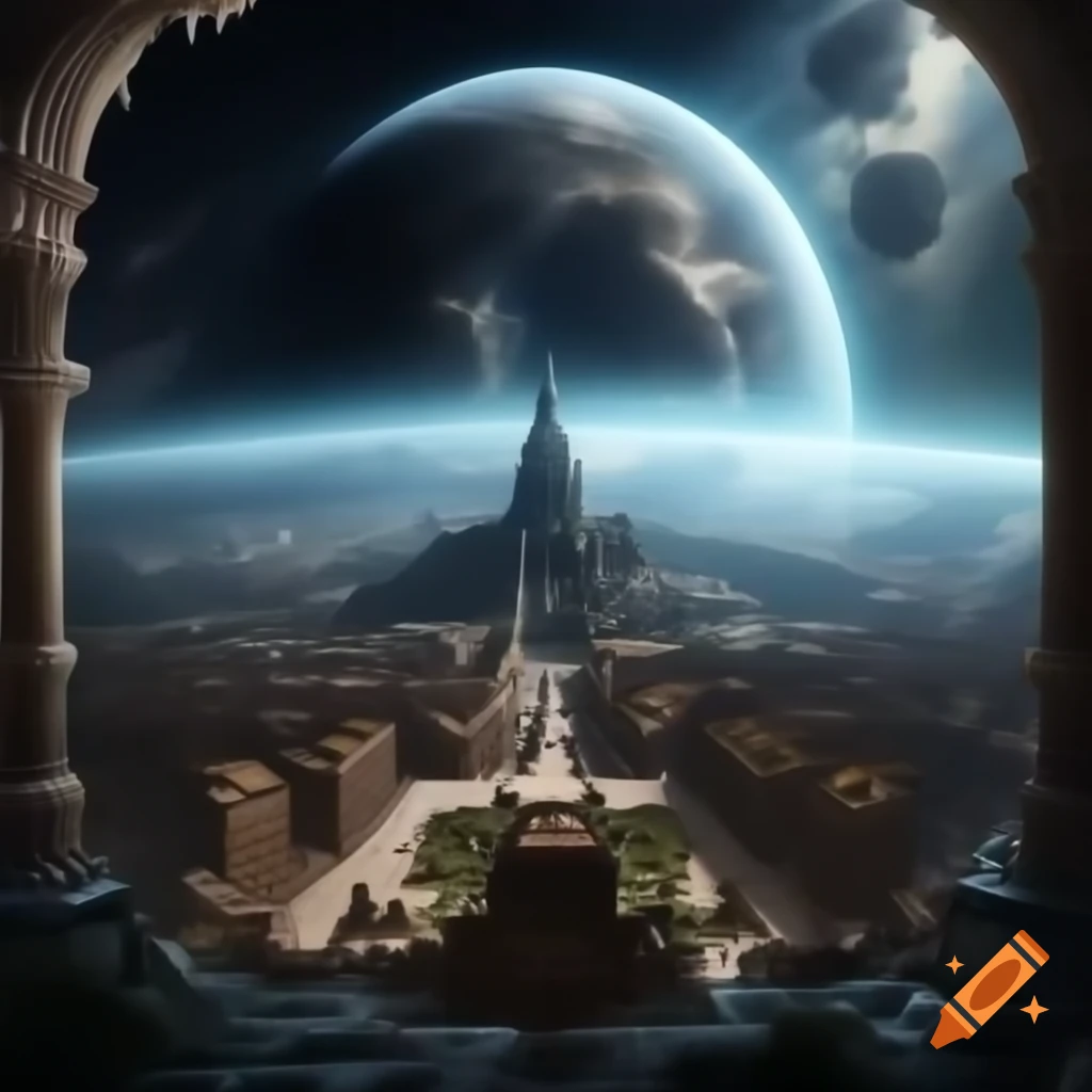 Panoramic view of planet tenebris featuring capital city with castle ...