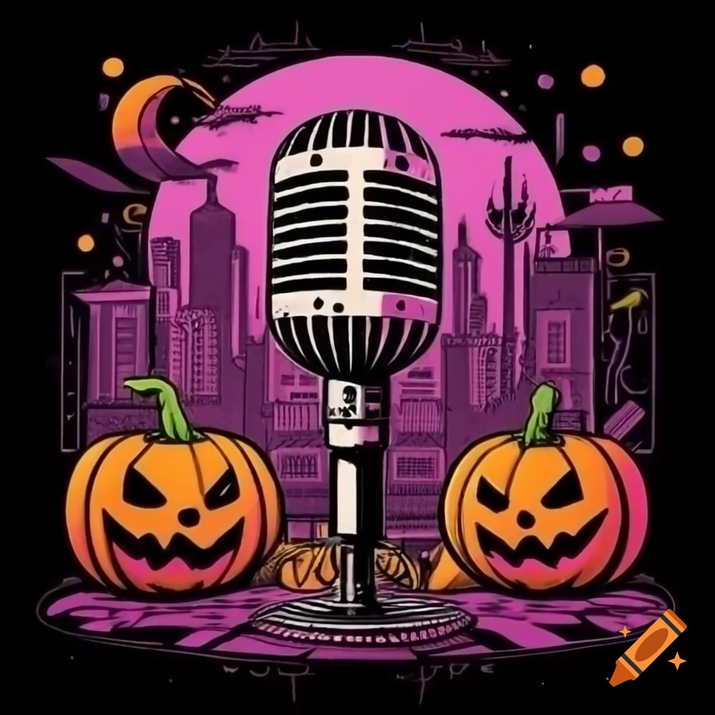 Urban graphic poster for halloween-themed open mic poetry event on Craiyon