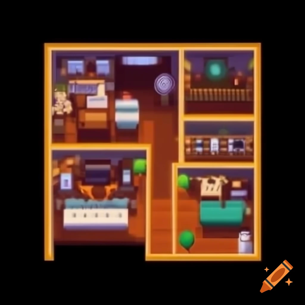 Pixel art cozy home top-down view with various rooms on Craiyon