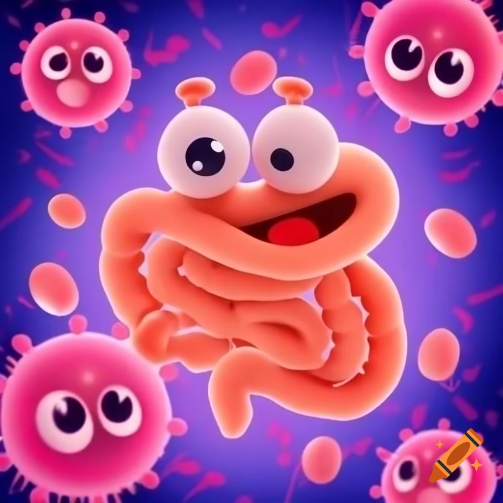 Cute intestines with big eyes and smiling mouth surrounded by dancing ...