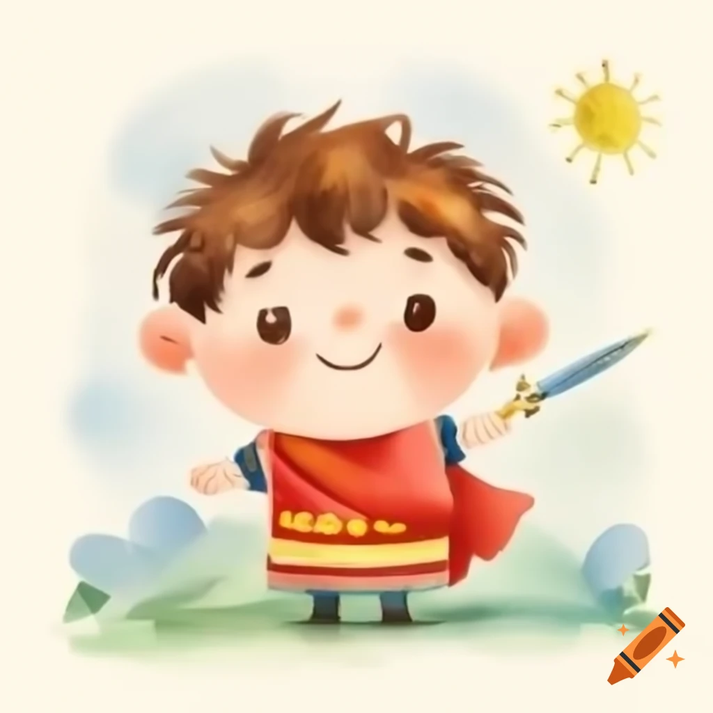 Watercolor of boy in roman emperor clothing smiling in front of ...