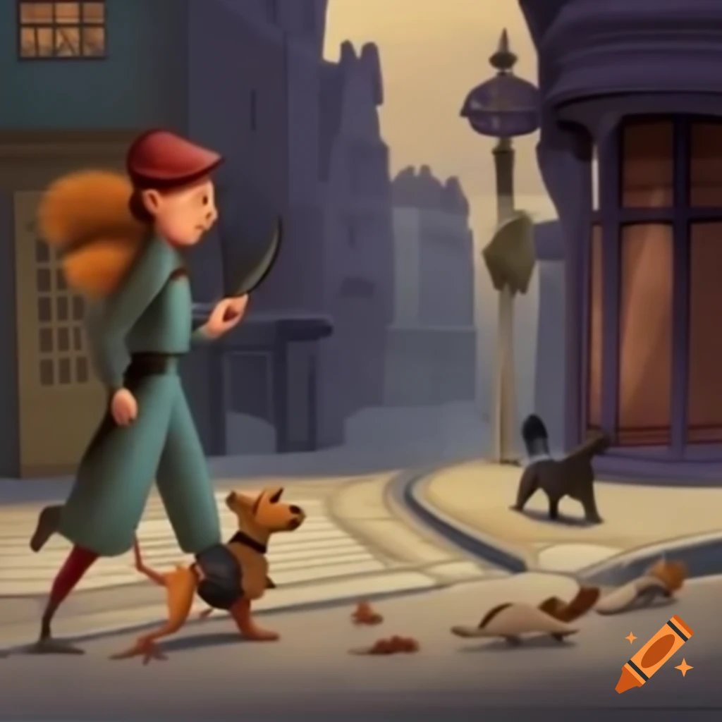 Two women in coveralls chasing rats on Victorian cobbled street with ...