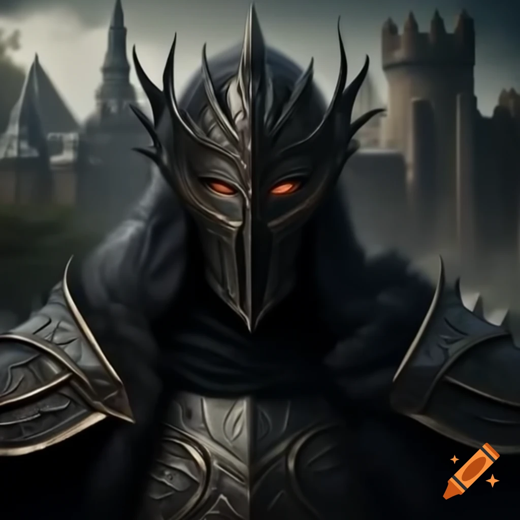 Dark knight with spiked helmet in front of castle on Craiyon