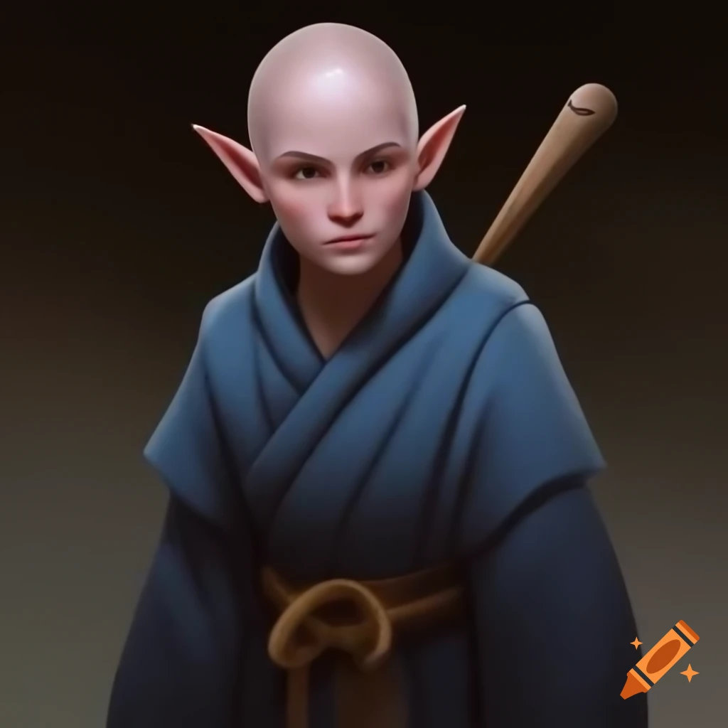 Timid bald young wood elf in blue monk robes holding wooden staff on ...