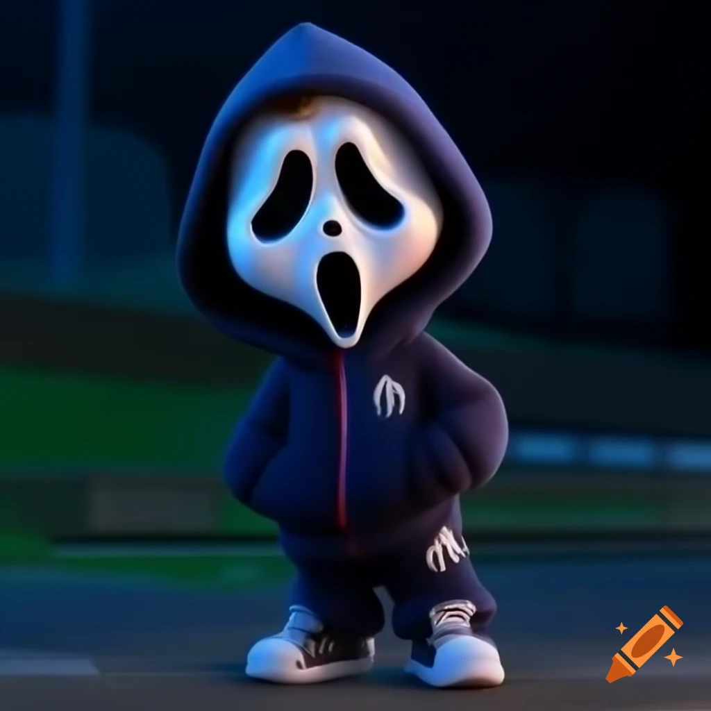 Animated baby boy in scream mask, hoodie, and track pants on Craiyon