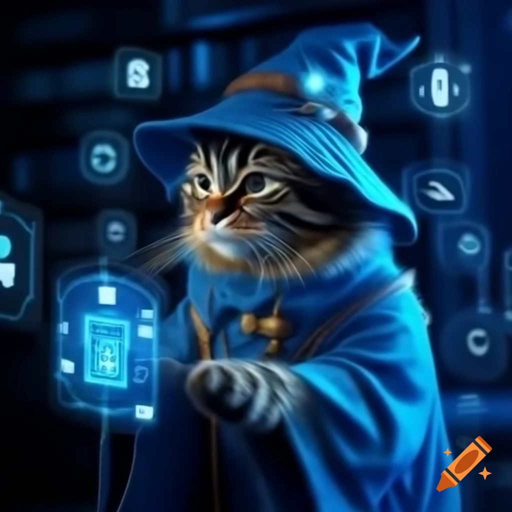 Cat depicted as a network wizard with AWS architecture icons on Craiyon