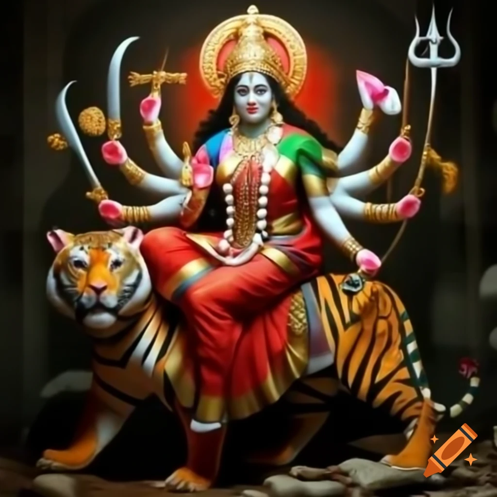 Durga Devi with six arms holding weapons seated on a tiger on Craiyon