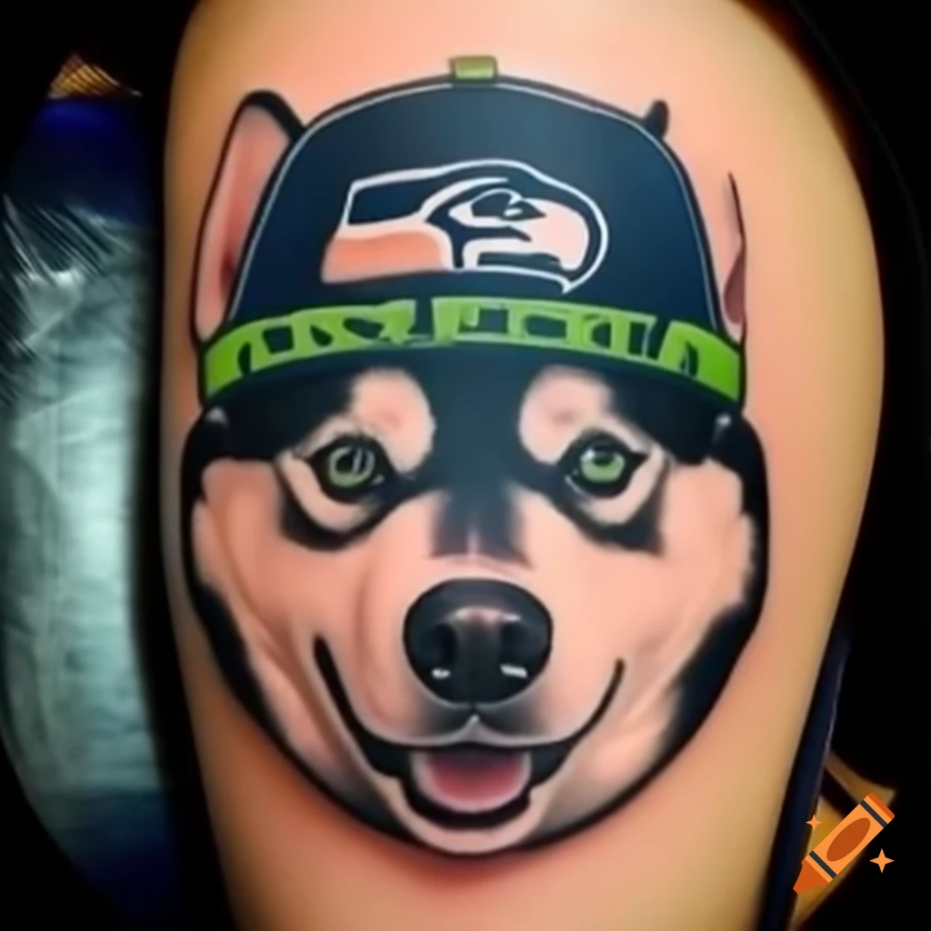 Tattoo of University of Washington husky in Seattle Seahawks hat and ...