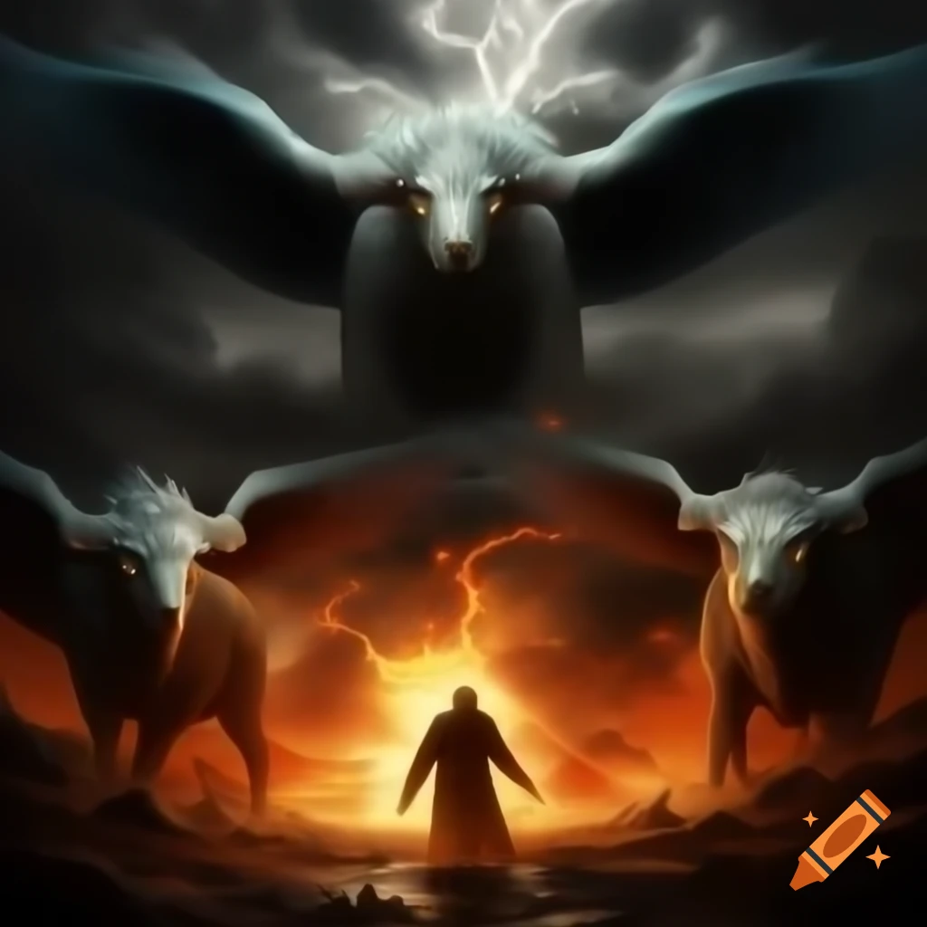 Otherworldly scene with four majestic humanoid creatures, each with ...