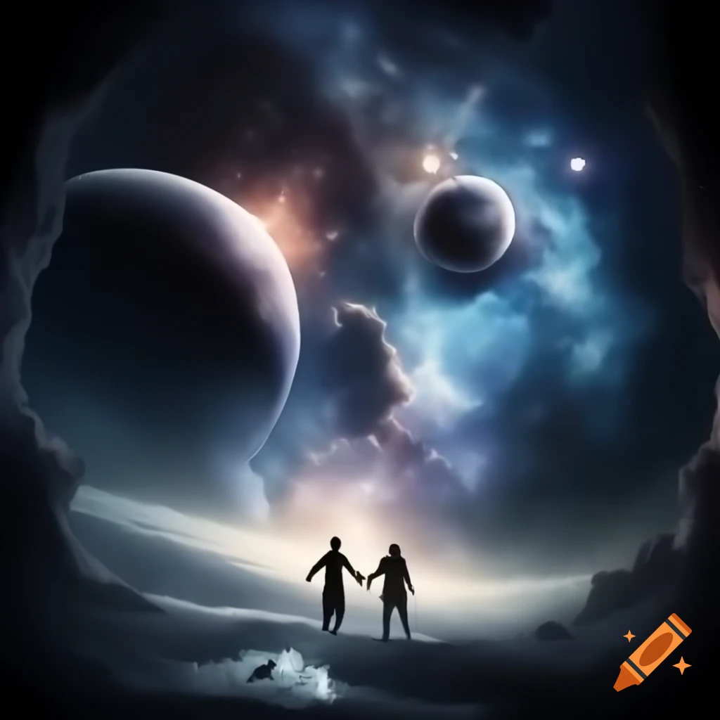 Celestial pillars amidst starry cosmic plain, one reaching for heavens ...